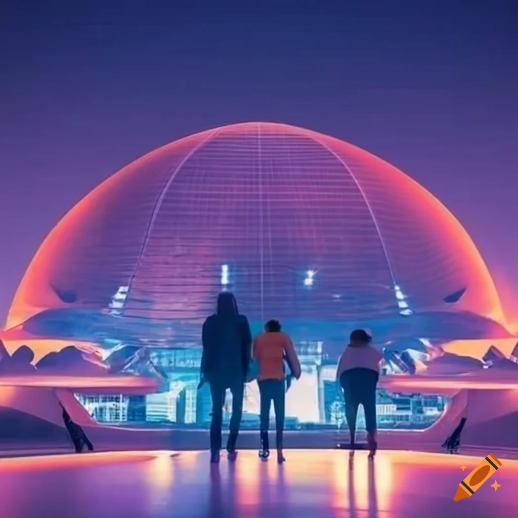 Excited people in front of a futuristic expo hall on Craiyon