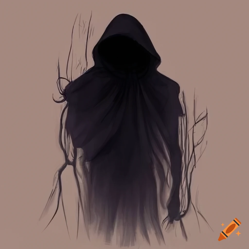 Pencil drawing of a hooded ancient figure on Craiyon