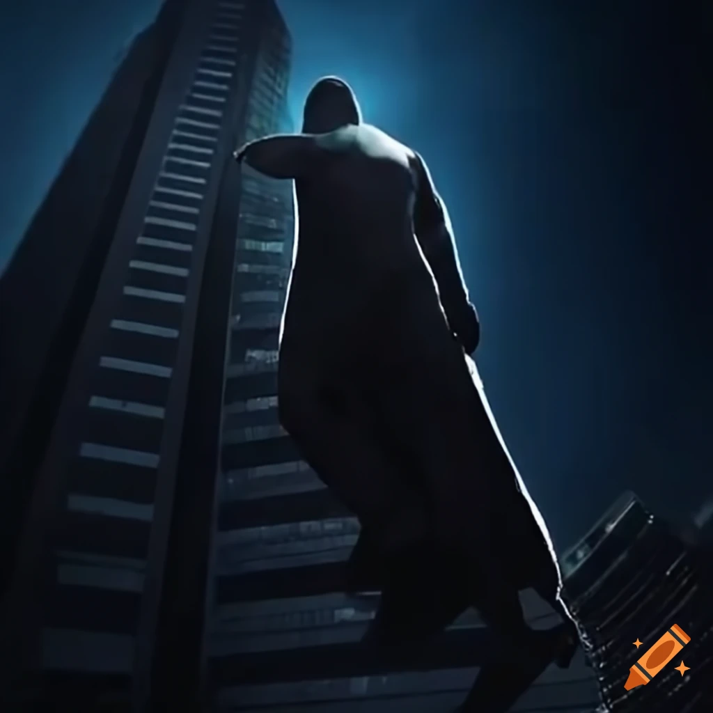 Photo of a realistic superhero climbing a skyscraper at night on Craiyon
