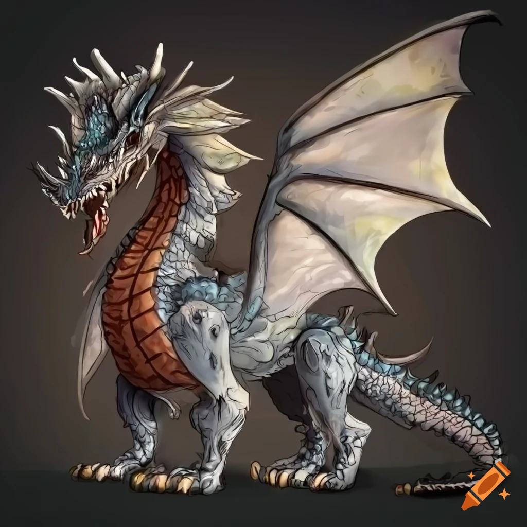 Detailed side view illustration of a dragon with wings on Craiyon