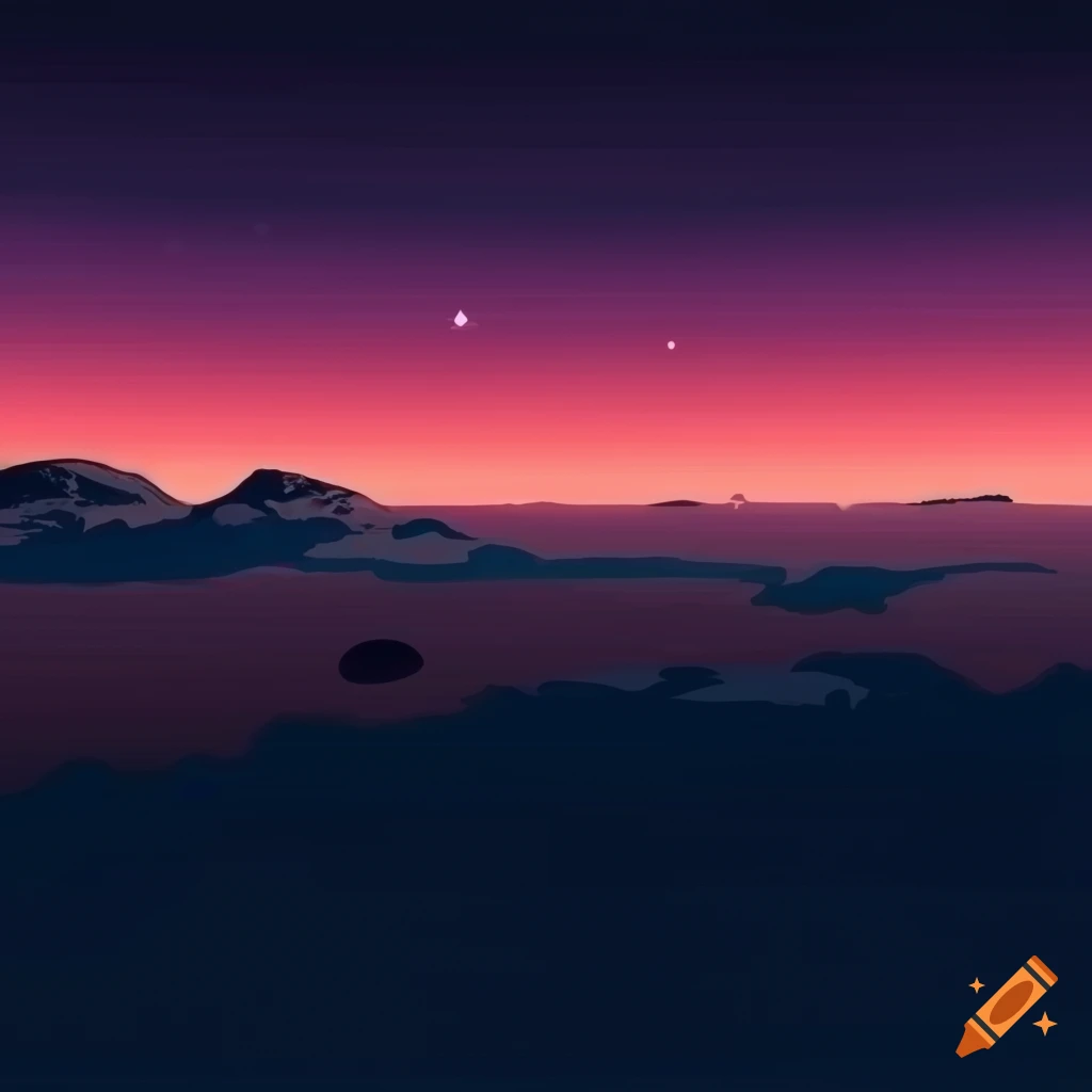 Vector drawing of mars landscape at dusk with stars and auroras on Craiyon