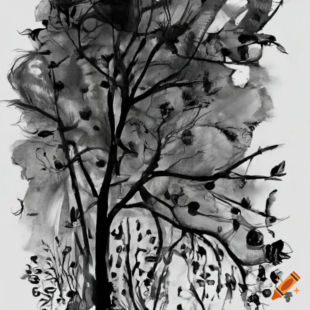 Black and white drawing of shadows dancing in a forest on Craiyon