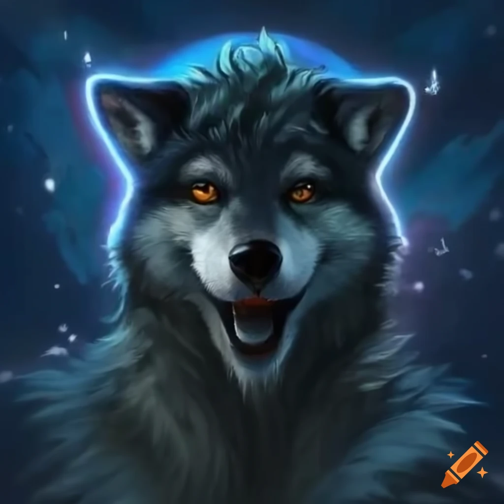 Anthropomorphic gray wolf with light blue stripes on Craiyon
