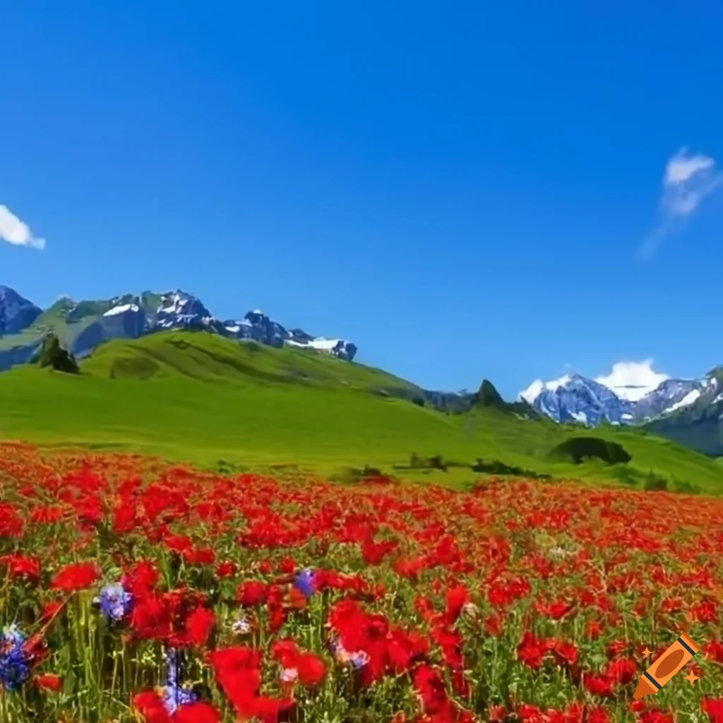 Bright and sunny flower field on a Swiss mountain on Craiyon