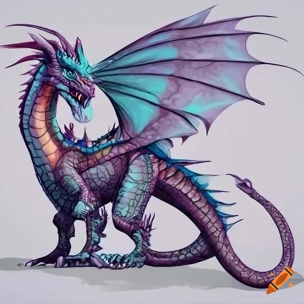 Detailed side view illustration of a dragon with wings on Craiyon