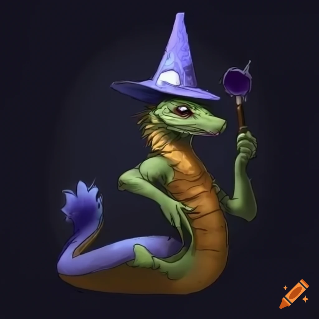 Anthro lizard wearing a wizard hat casting a spell