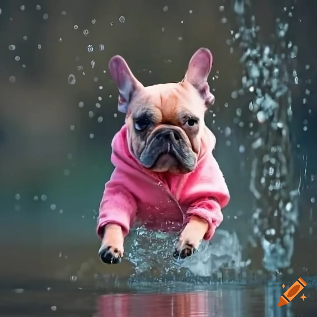French bulldog in pink hoodie playing in water on Craiyon