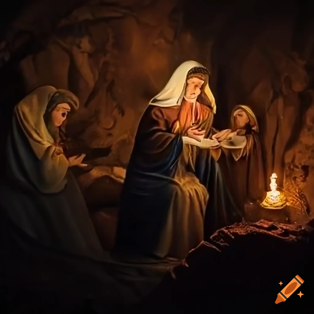 Nativity scene with glowing baby jesus in a shed under a deep purple ...