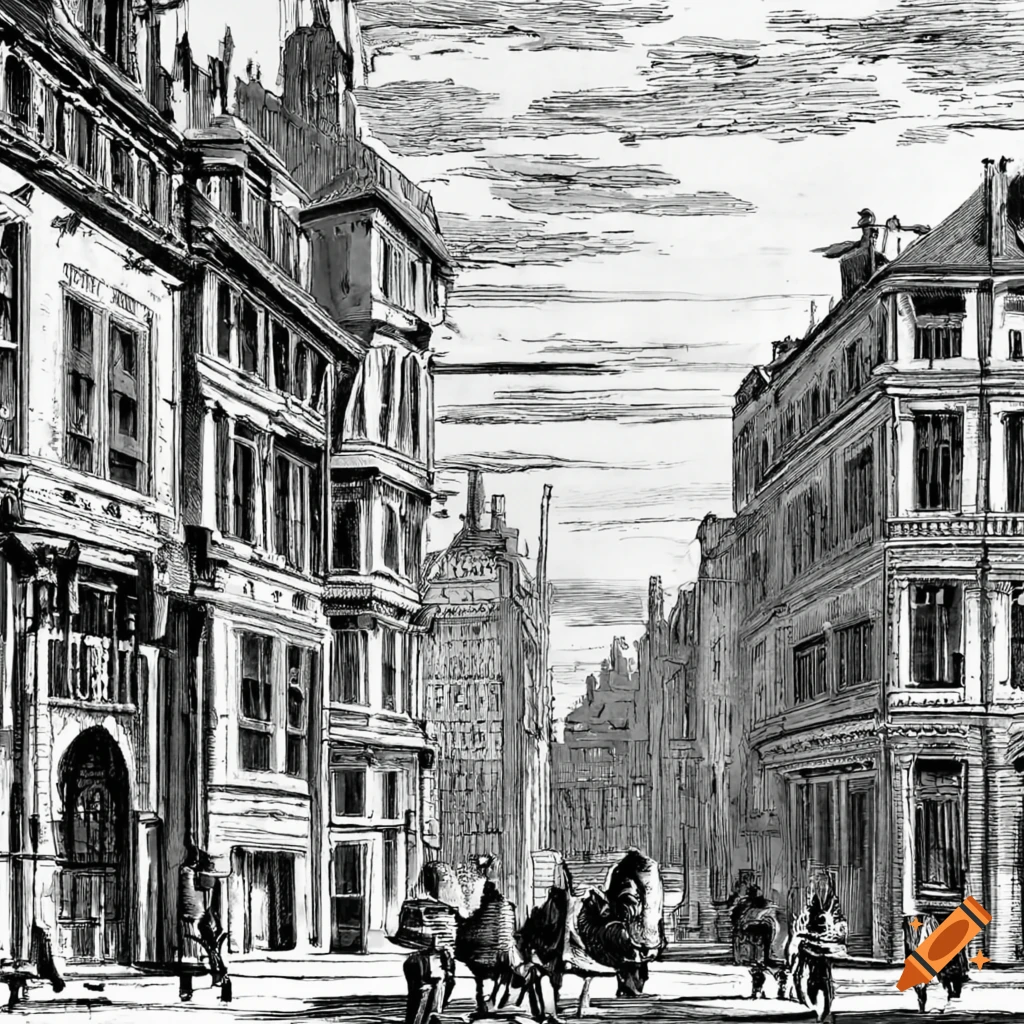 Black and white drawing of a 17th-century city