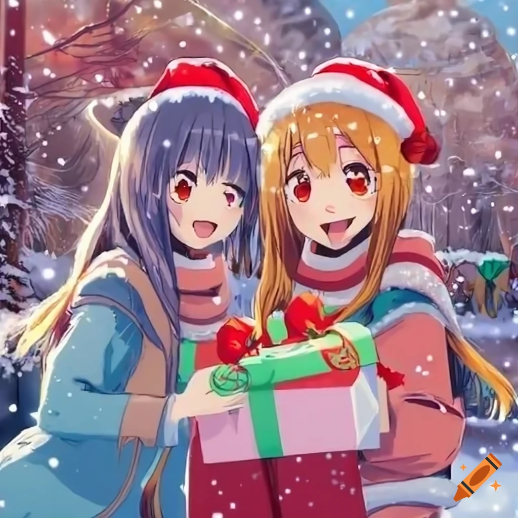 Anime Girls Spreading Christmas Presents At A Colorful Market