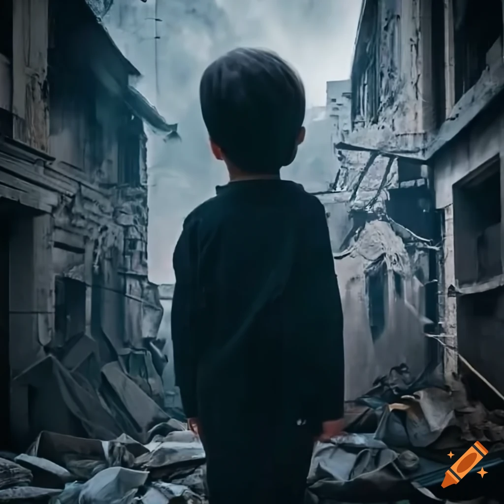 Urban boy among destroyed buildings