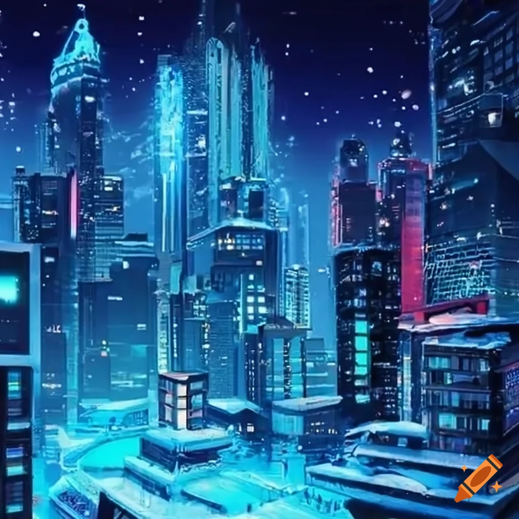 Winter scene of a cyber city on Craiyon