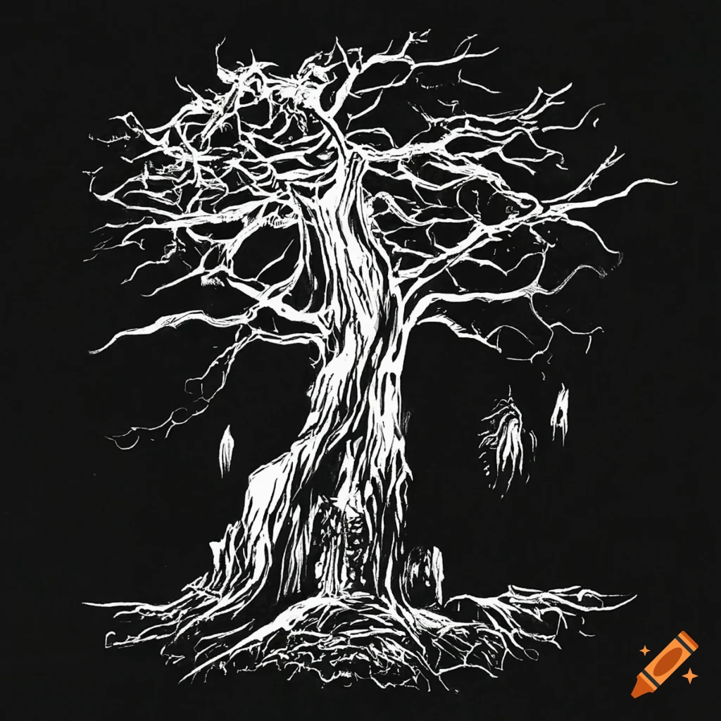 Black and white ink drawing of a split dead tree on Craiyon