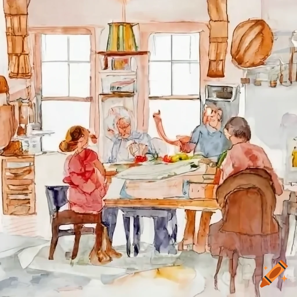 Family chatting and enjoying in a warm kitchen on Craiyon
