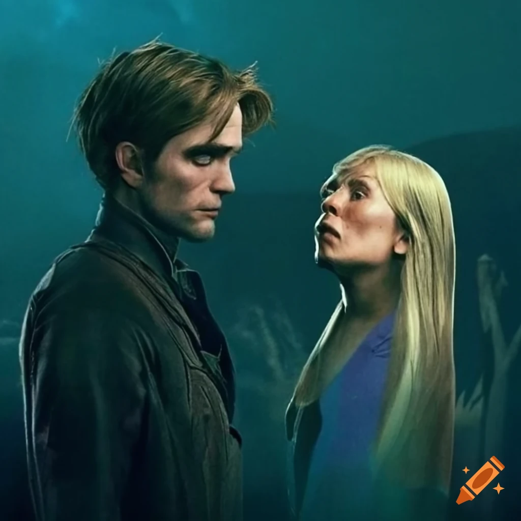 Movie poster with joni mitchell and robert pattinson in a forest on Craiyon