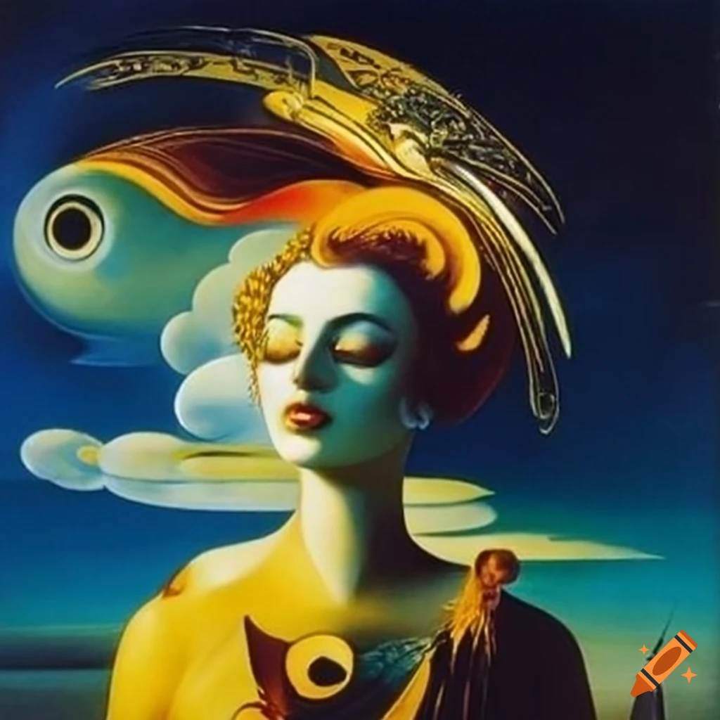 Art nouveau painting by salvador dali and yoshitaka amano