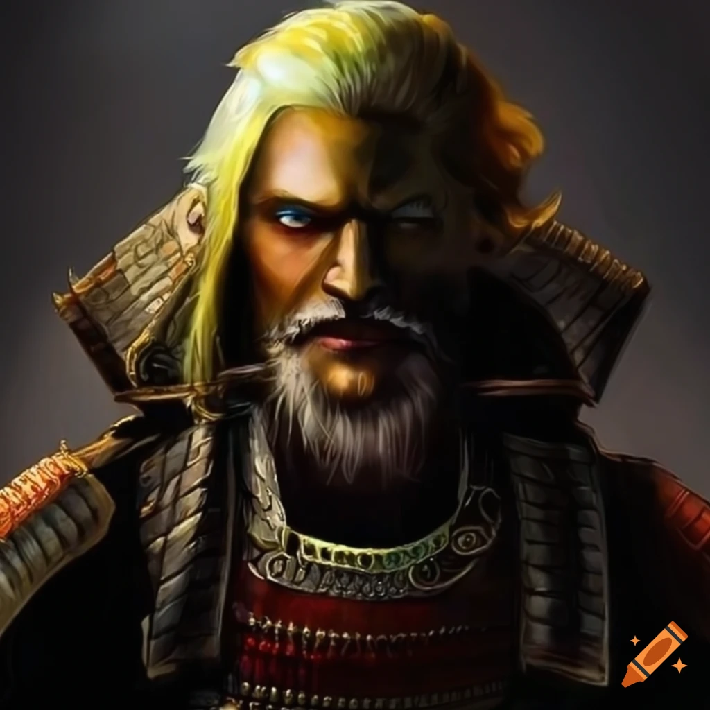 Digital art of a stoic samurai with alabaster hair on Craiyon