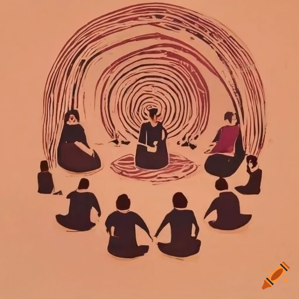 Linocut of women singing in a circle on Craiyon