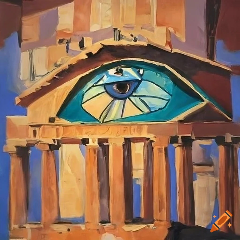 Surreal painting of floating eye above parthenon on Craiyon