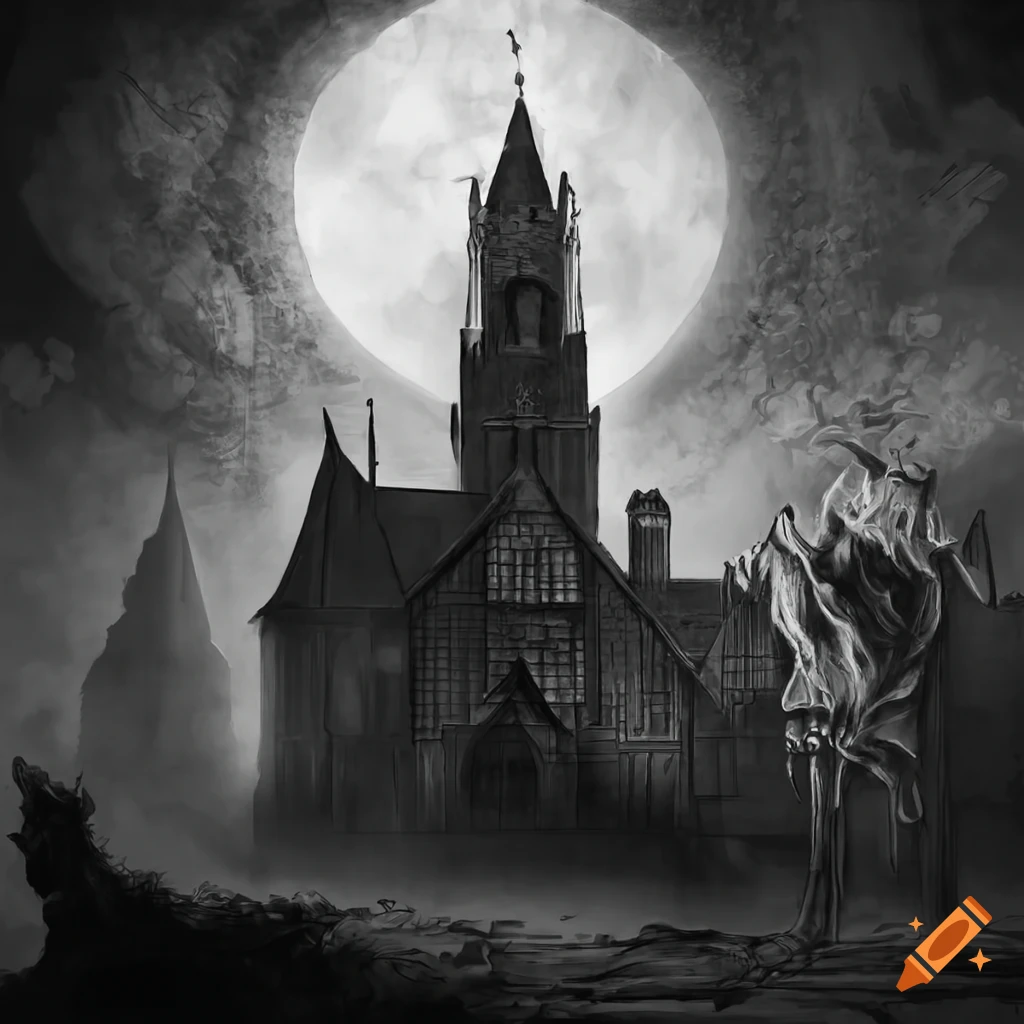 Detailed black and white illustration of the fall of the house of usher