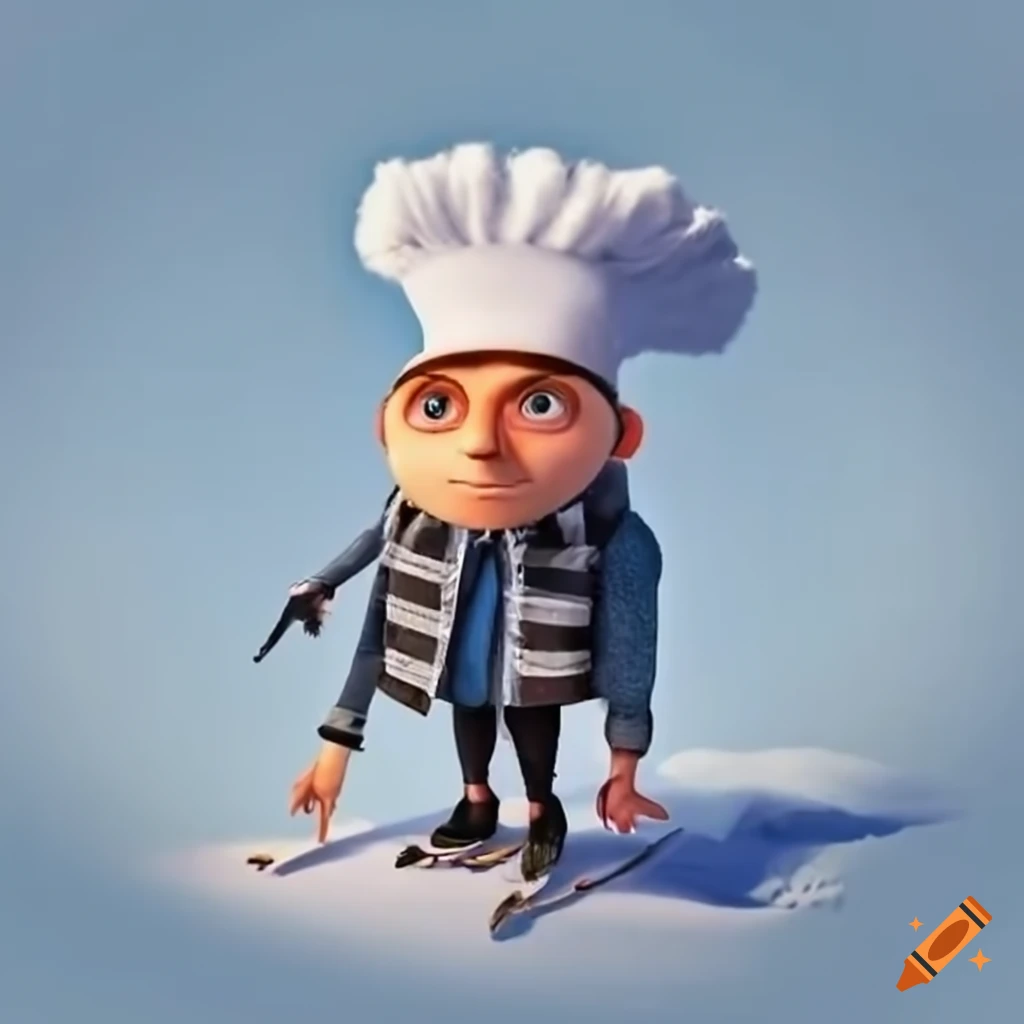 Gru from Despicable Me skiing down a snowy mountain on Craiyon