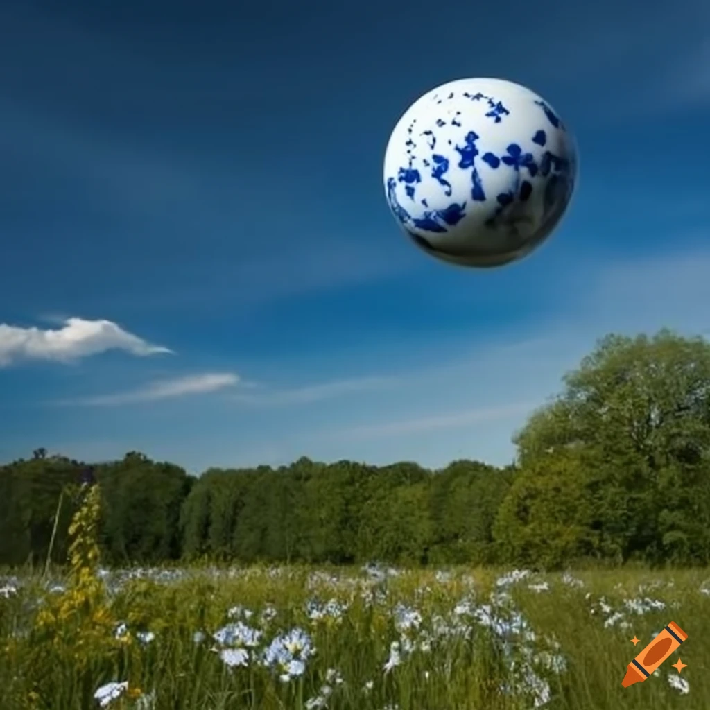 Sculpture of a floating porcelain sphere over flowers on Craiyon