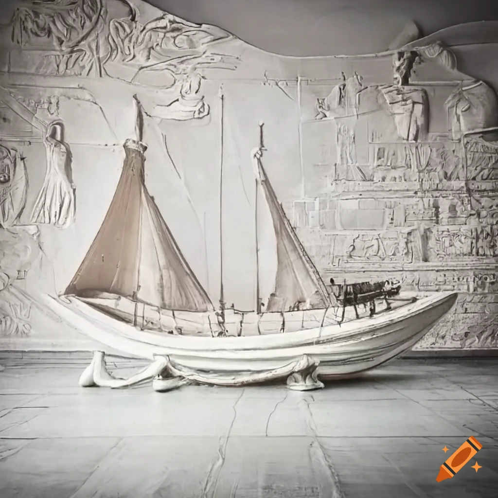 Marble sculpture of a sailing boat with bas-reliefs on Craiyon