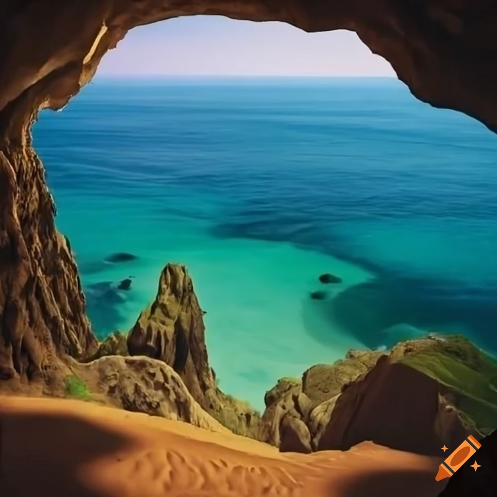 View of a hidden cavern opening to a cliff's edge on Craiyon
