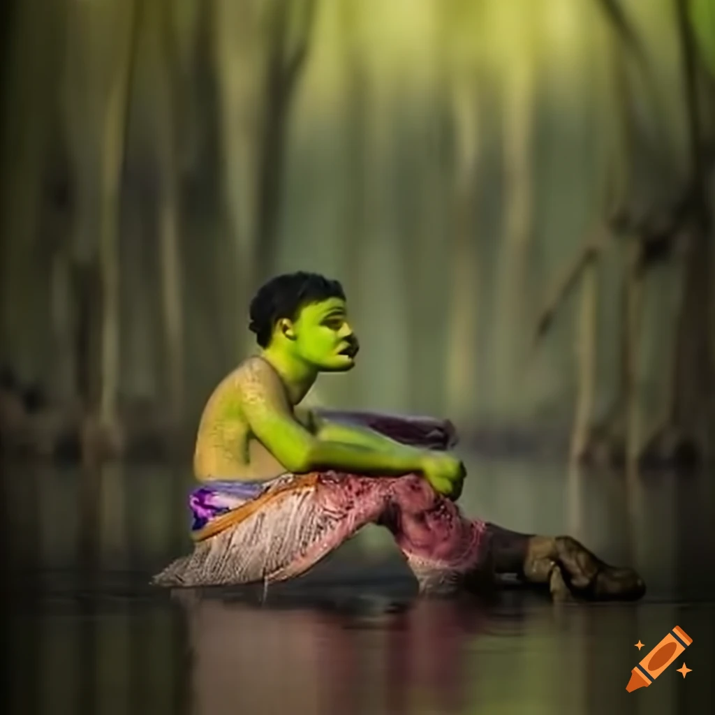 Side profile of Shrek sitting beside his swamp in traditional Indian ...