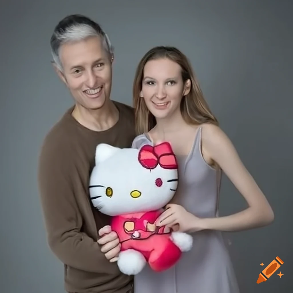 Couple holding oversized hello kitty plush