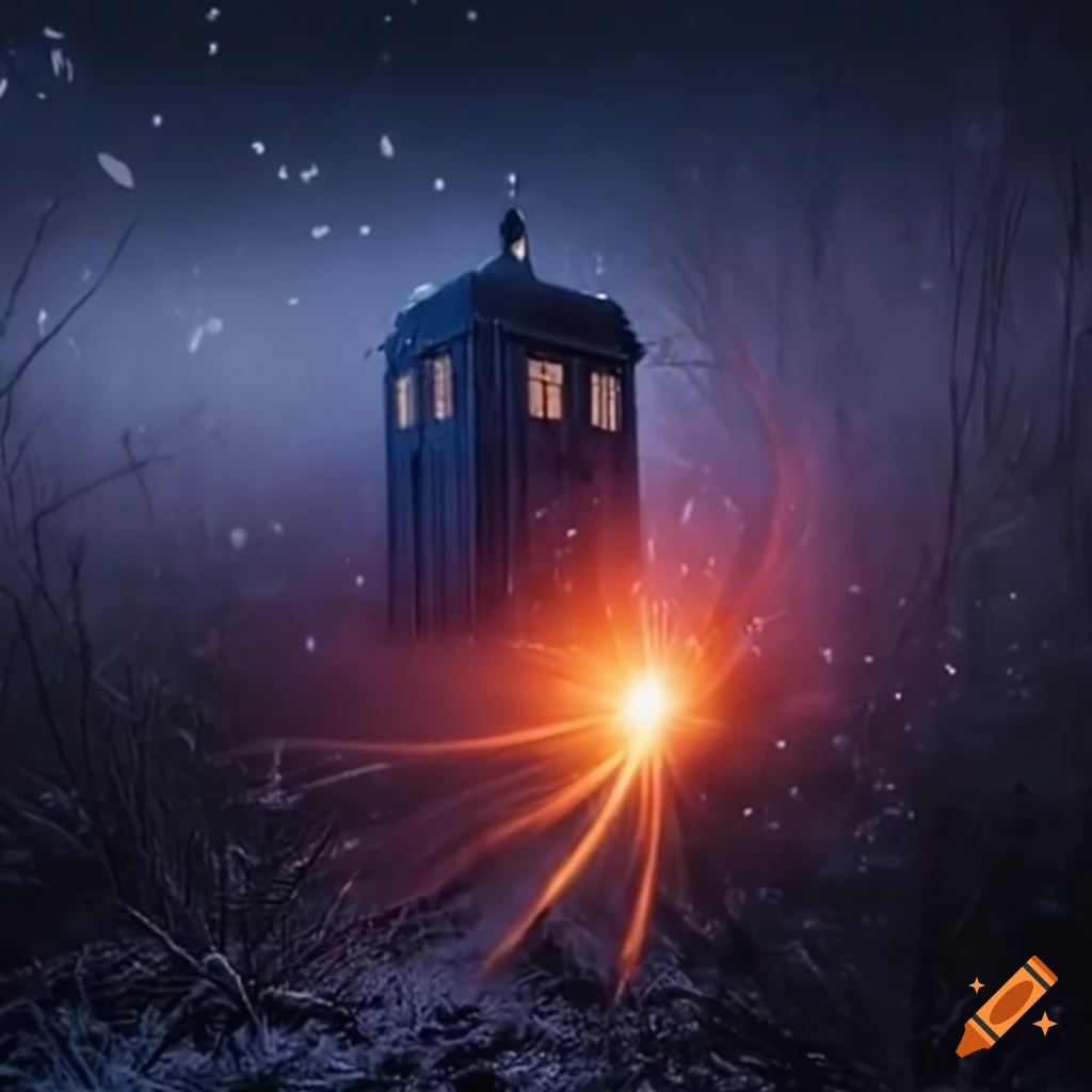 The tardis flying through a galaxy in a movie poster on Craiyon