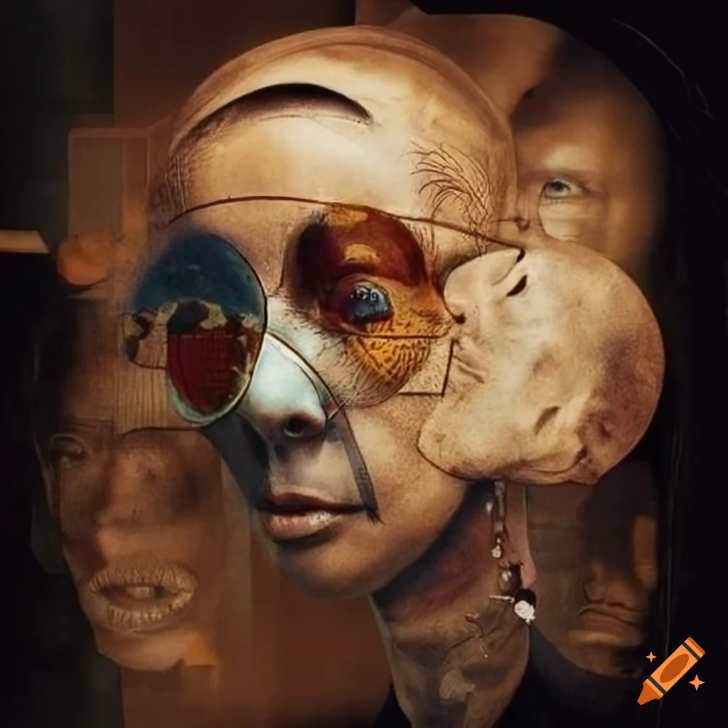 Surreal dadaist collage artwork with faces and animals