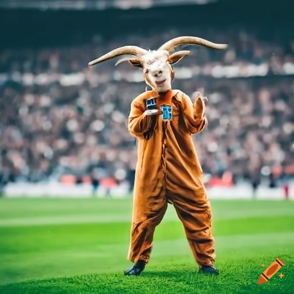 Goat soccer player being interviewed on a crowded stadium on Craiyon