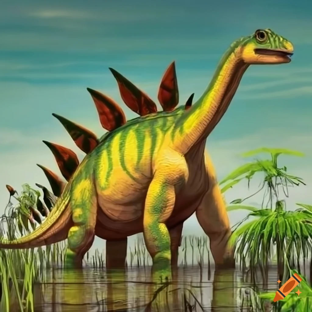Sunny swamp with a large yellow stegosaurus on Craiyon