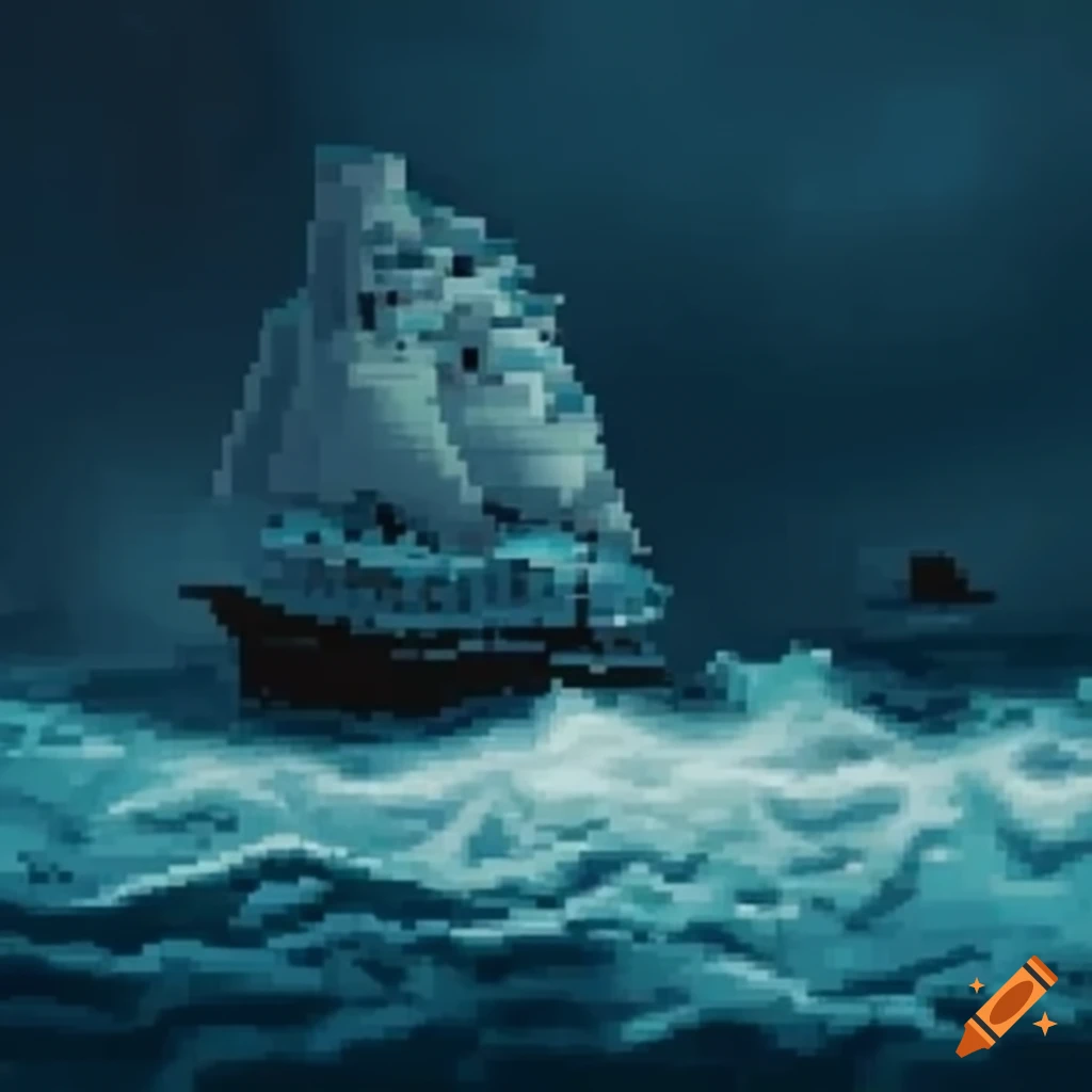 Pixel art of a boat in a stormy sea on Craiyon
