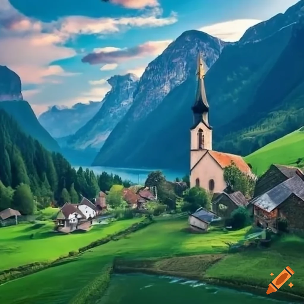 Idyllic village with a charming church in a valley on Craiyon