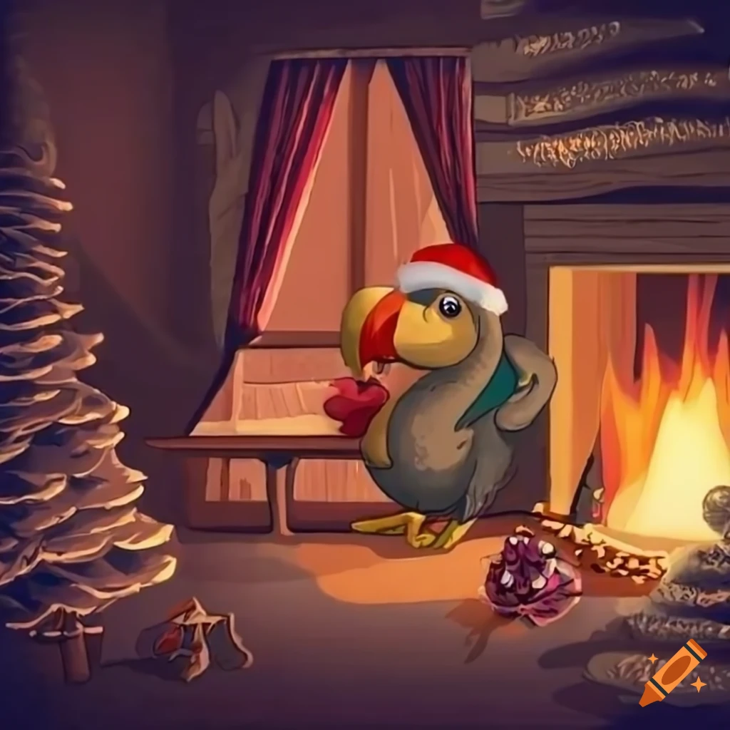 Dodo bird celebrating Christmas by the fireplace on Craiyon