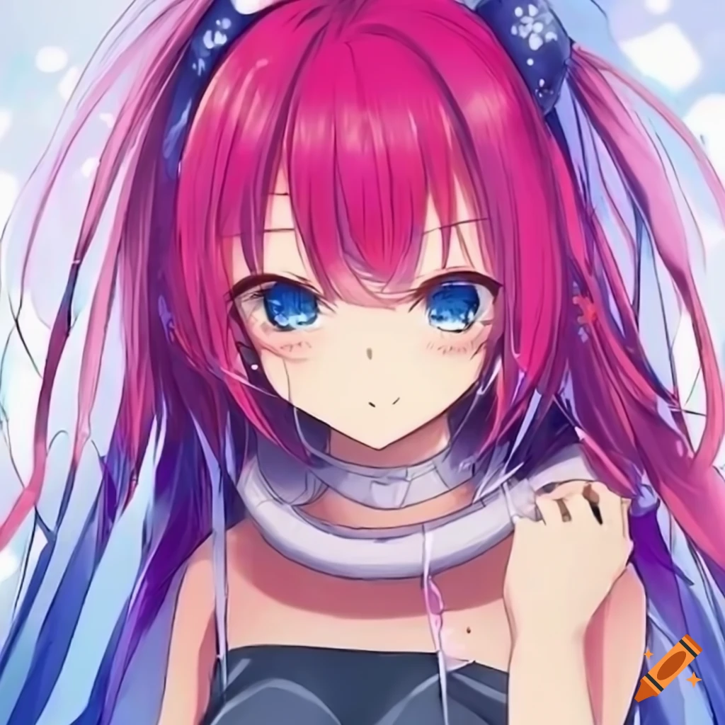 Anime girl with magenta hair and blue eyes on Craiyon