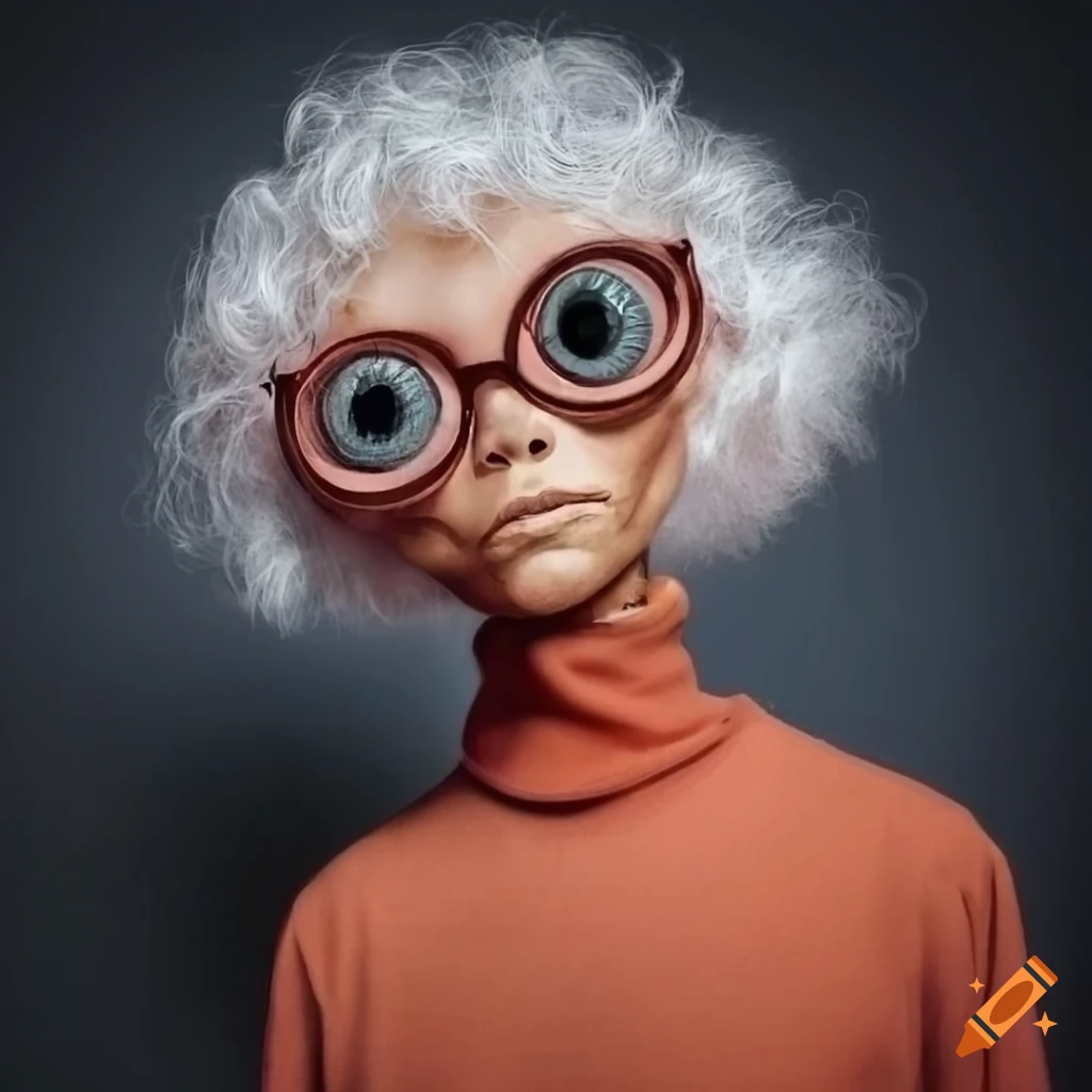 Drawing of a salmon-colored alien old lady with white frizzy hair and ...