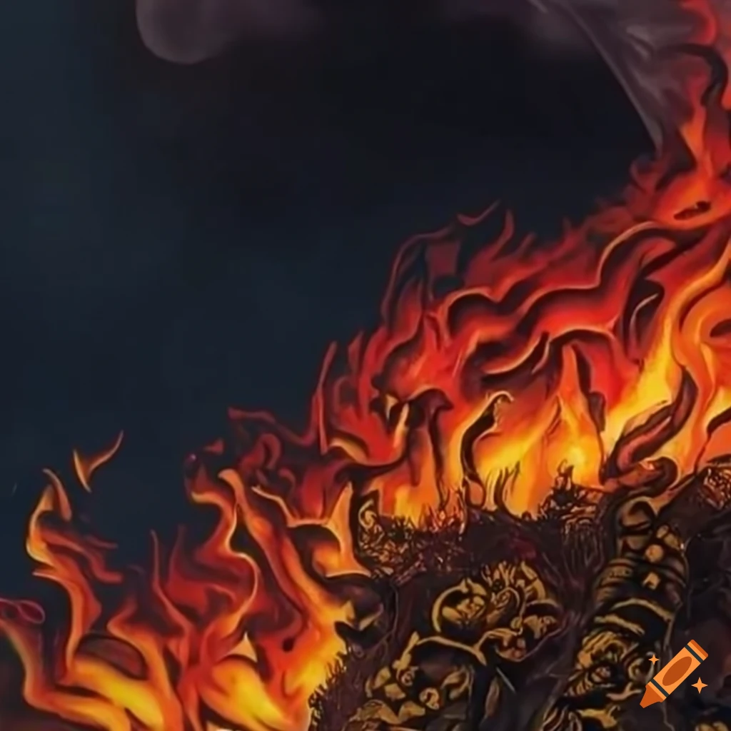 Detailed ink painting of a fierce fire
