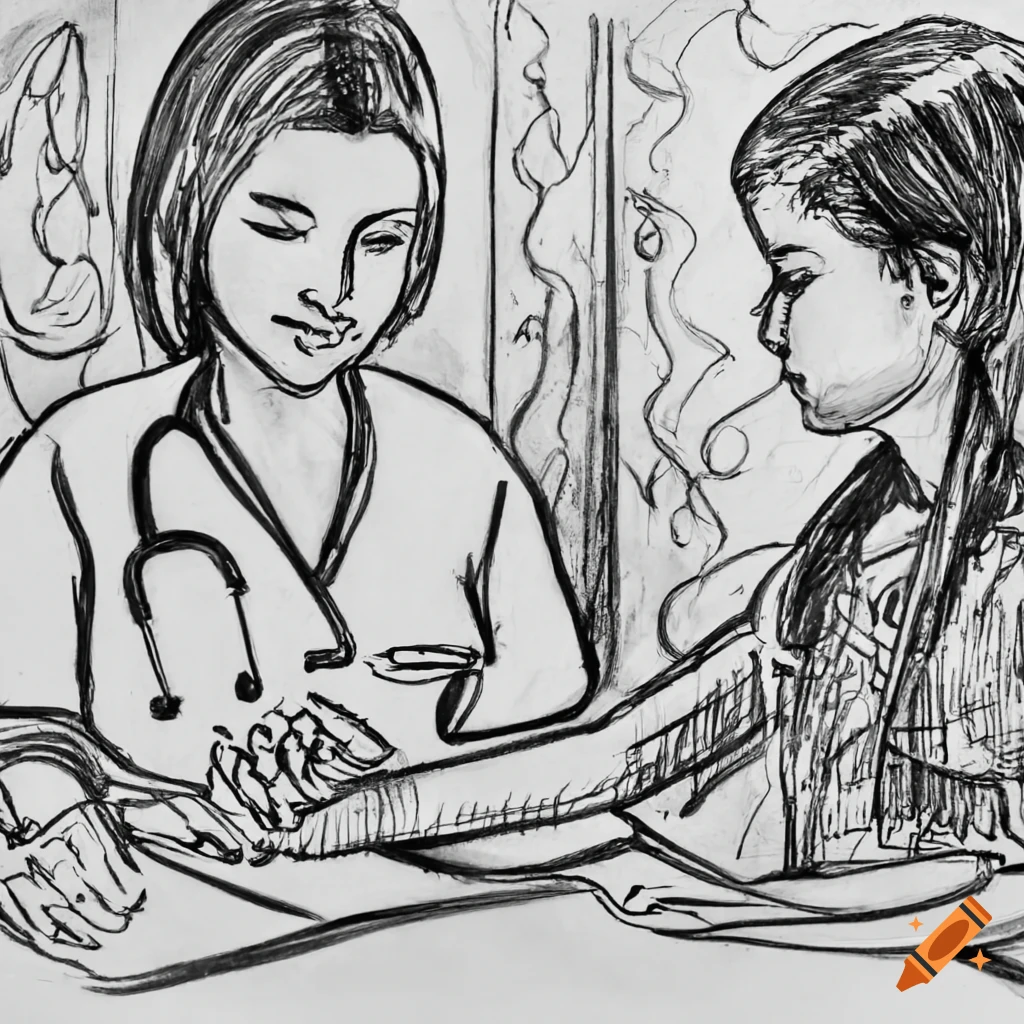Black and white drawing of a girl getting medical care