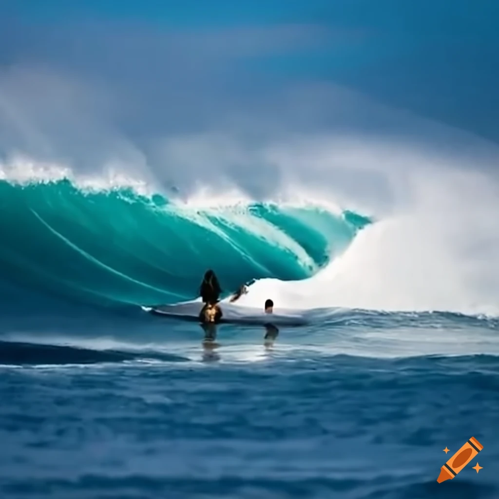 Snowman surfing a massive wave in hawaii