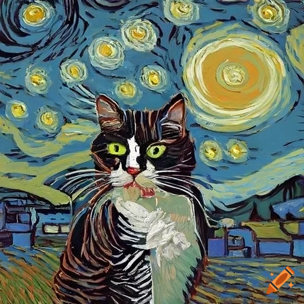 Van gogh's starry night painting with a black and white cat
