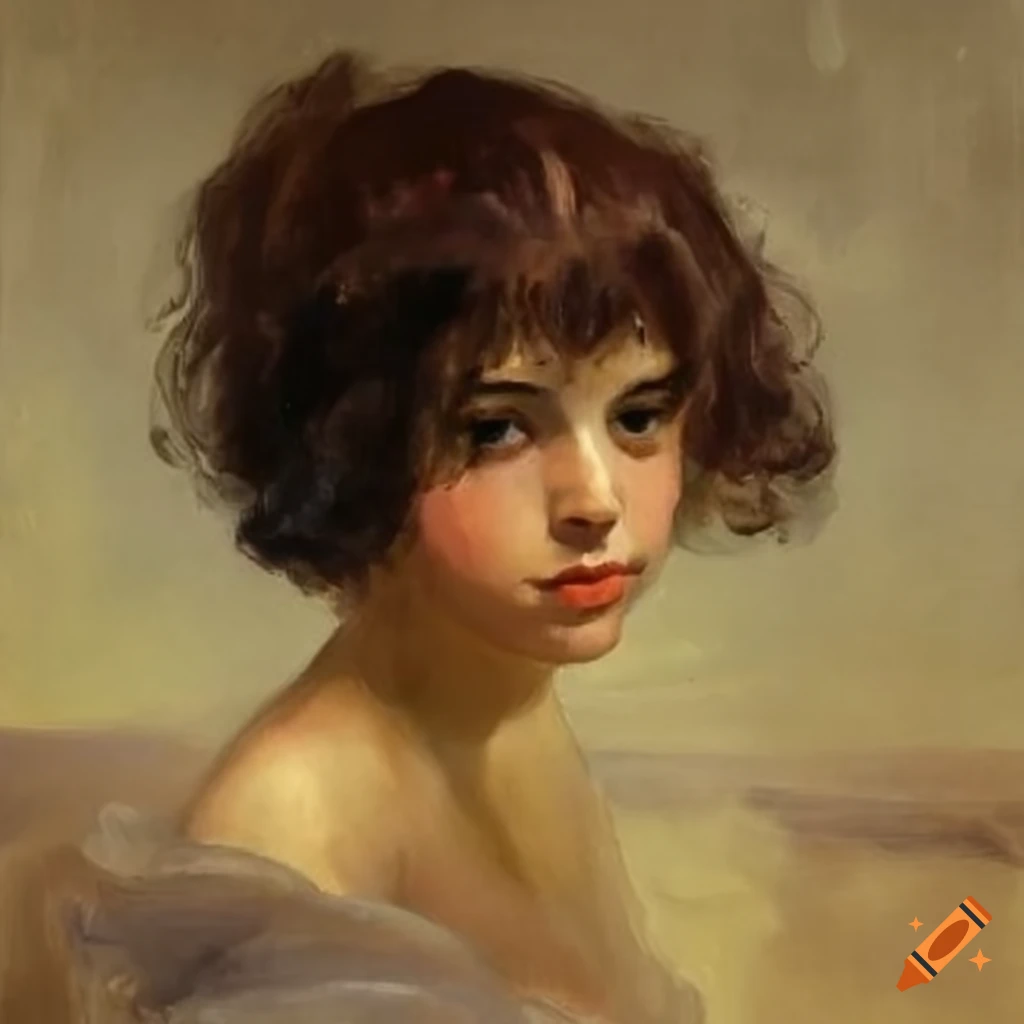 Impressionistic painting of a girl with fluttering hair by the sea