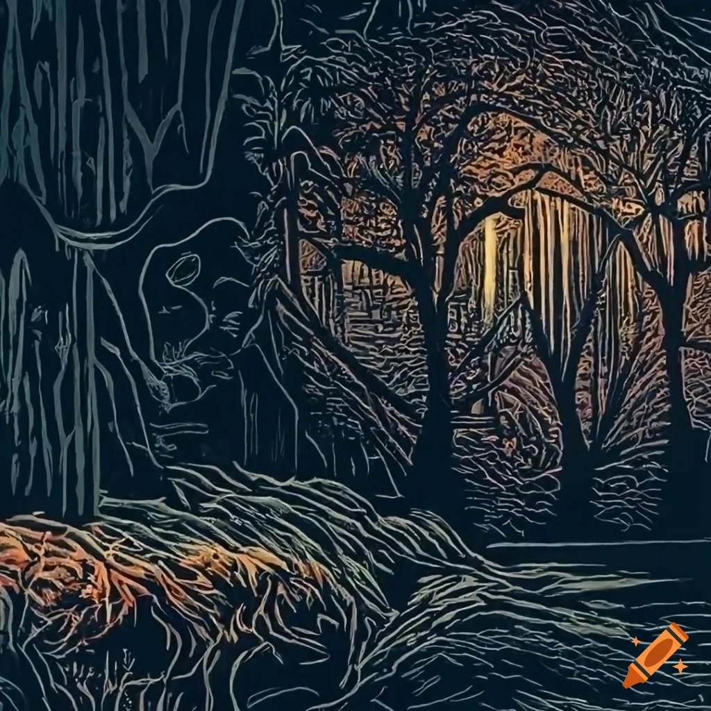 Linocut illustration of a garden world at sunrise on Craiyon