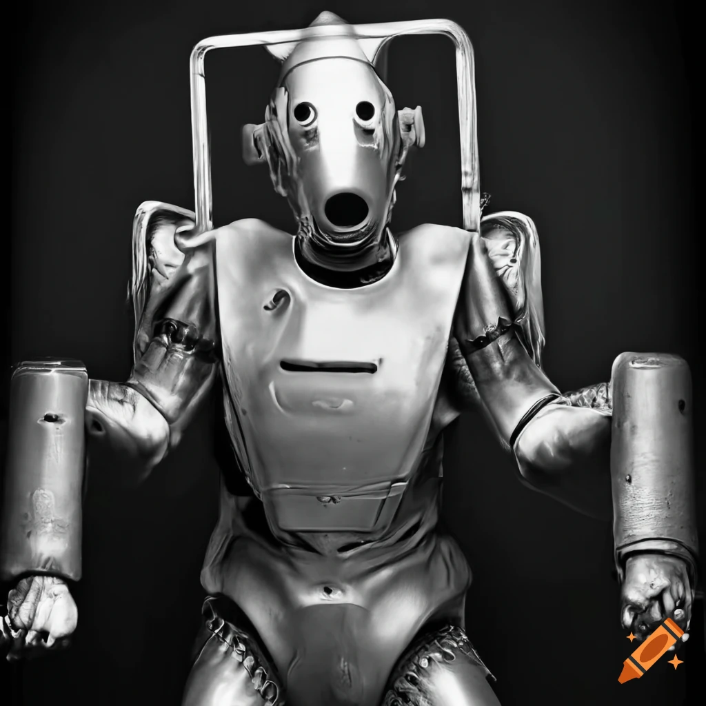 Black and white photo of a wrinkled and aged cyberman on Craiyon
