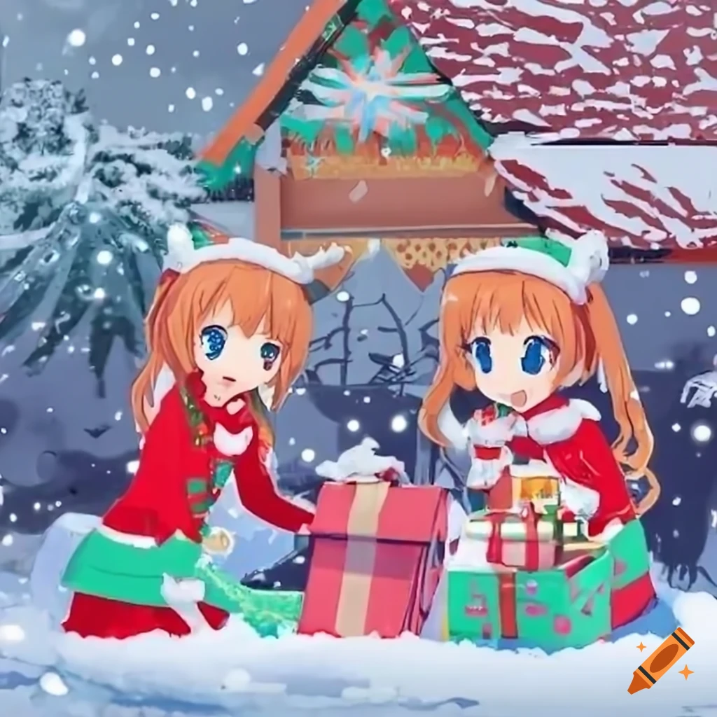 Anime girls spreading christmas presents at a colorful market on Craiyon