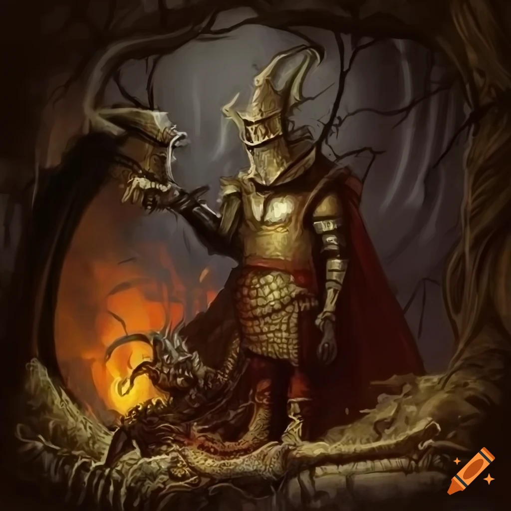 Dark fantasy illustration of a knight with a dragon on Craiyon