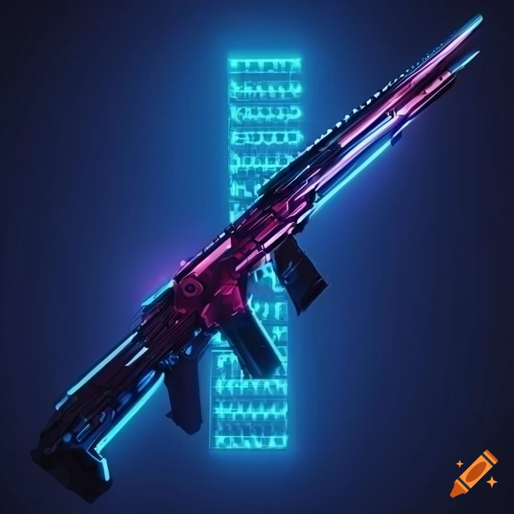 Neon poster of an assault rifle on a dark blue background on Craiyon