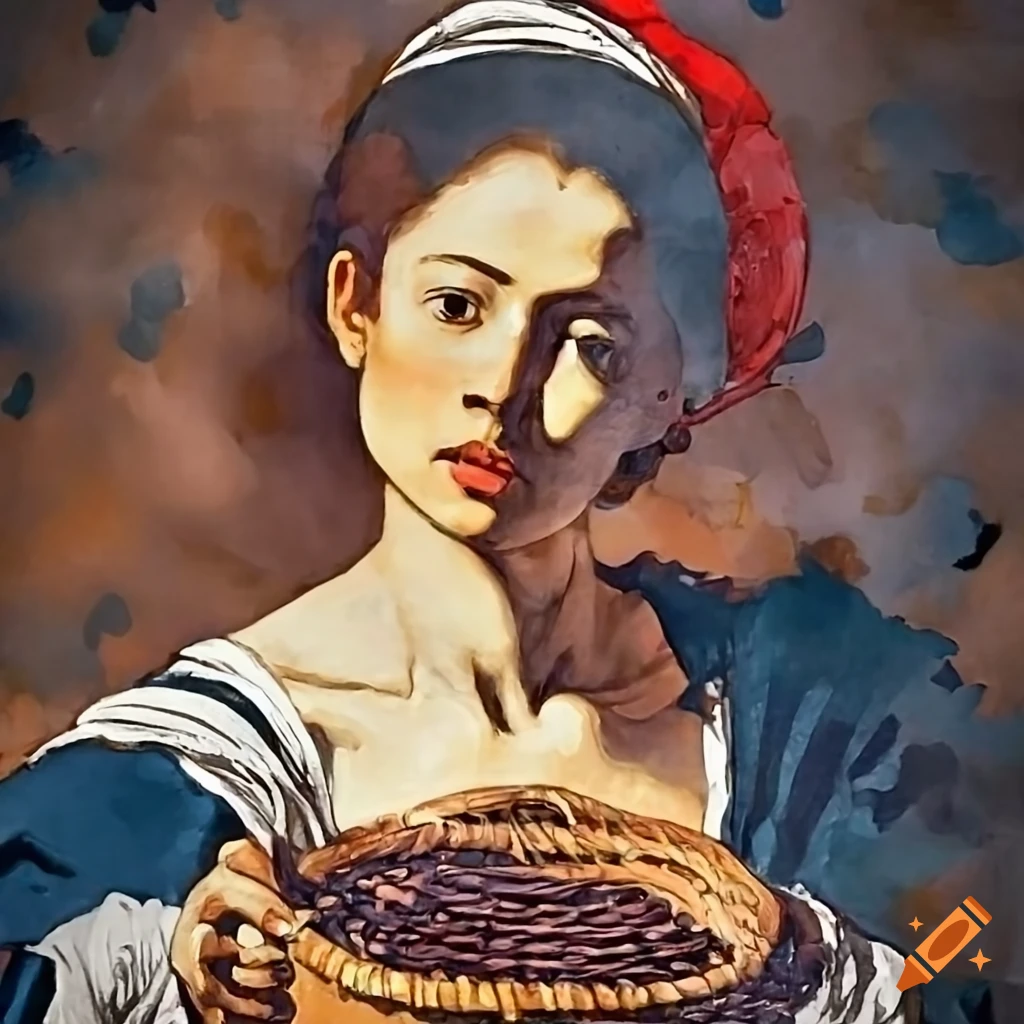 Caravaggio-style oil painting of a woman with a basket of grain